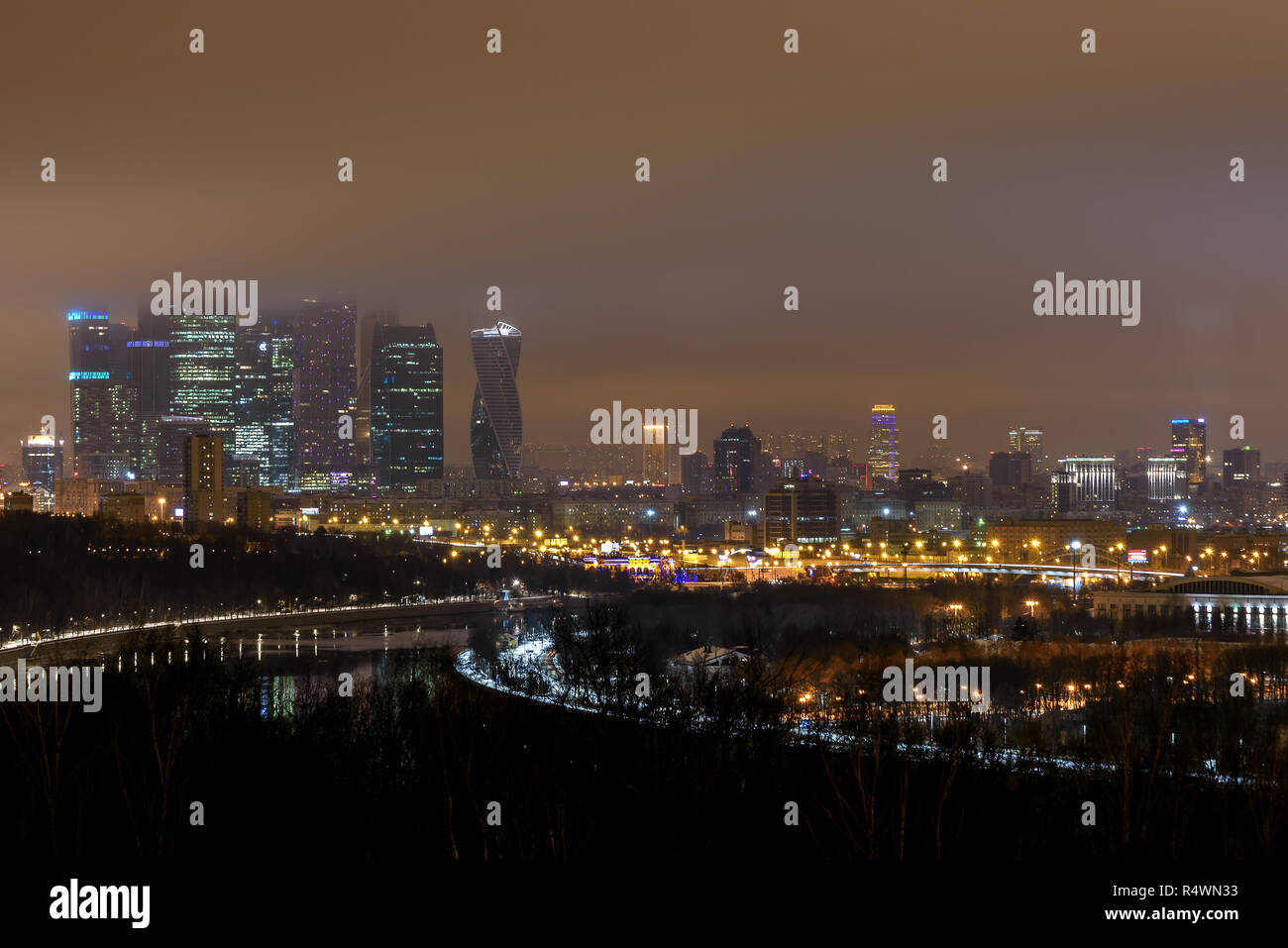 Colorful panorama of the night city of Moscow with high-rise buildings ...