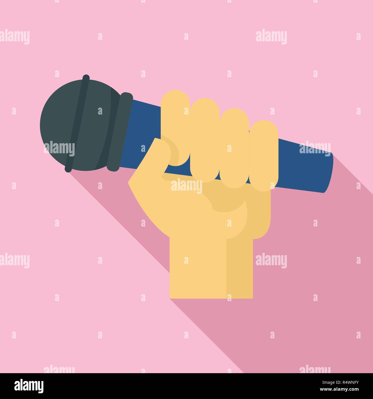 Microphone in hand icon. Flat illustration of microphone in hand vector ...