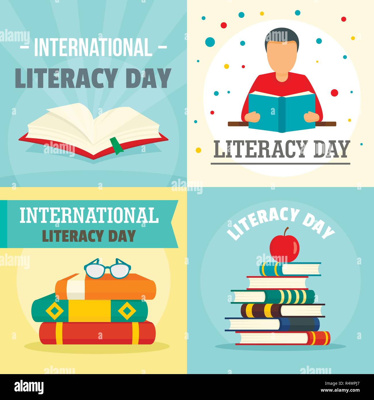 Literacy Day book international library banner concept set. Flat ...