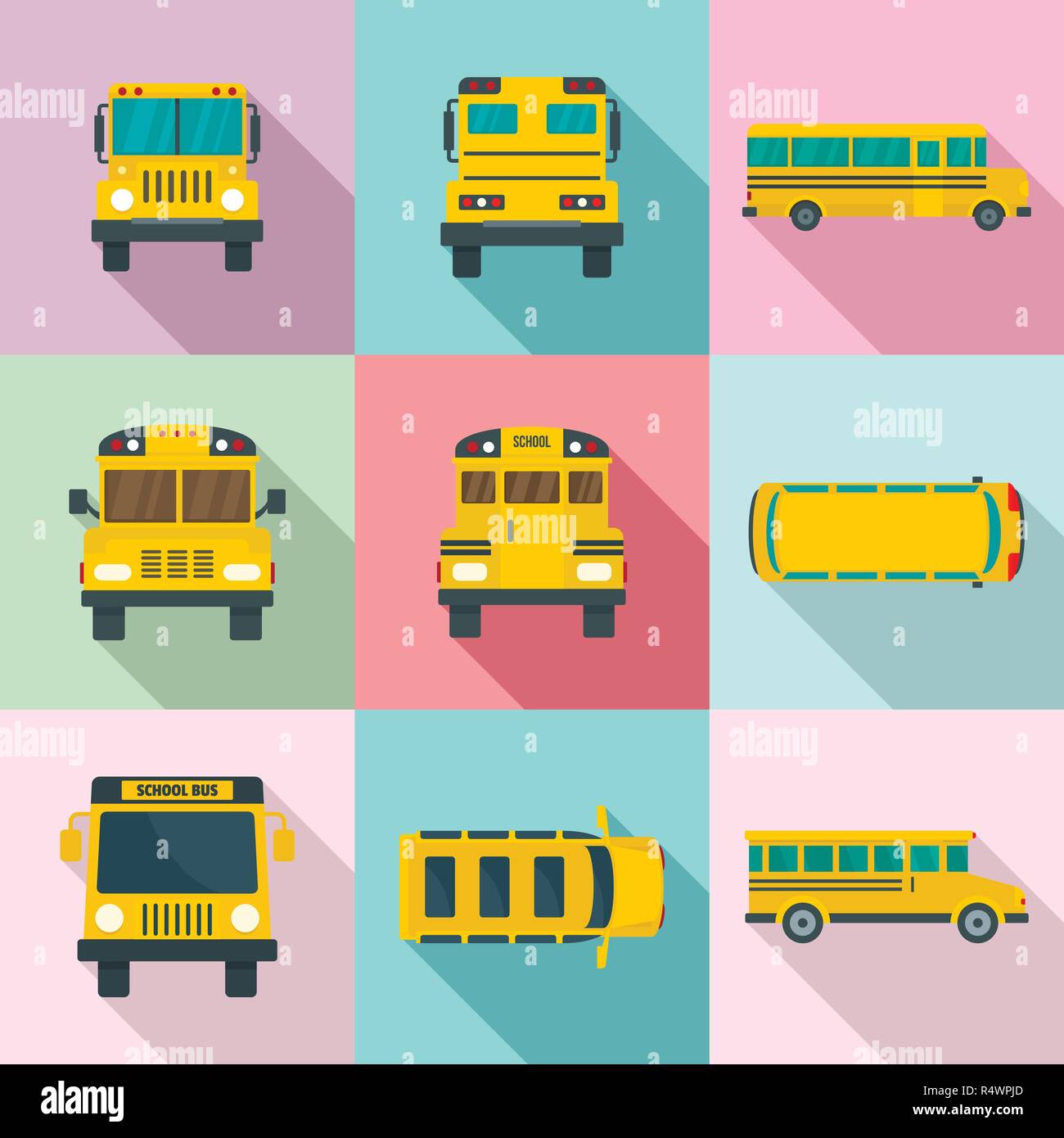 School bus back kids icons set. Flat illustration of 9 school bus back ...
