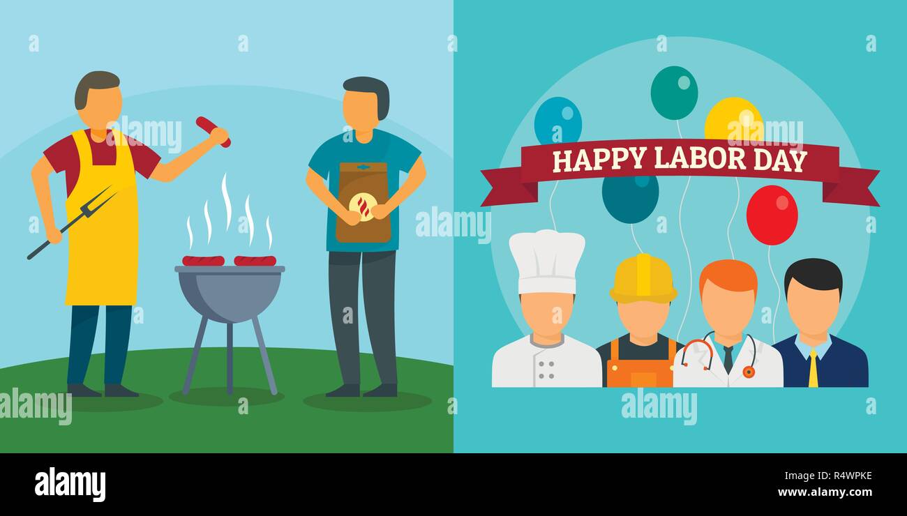 Labor Day workers celebration banner concept set. Flat illustration of ...