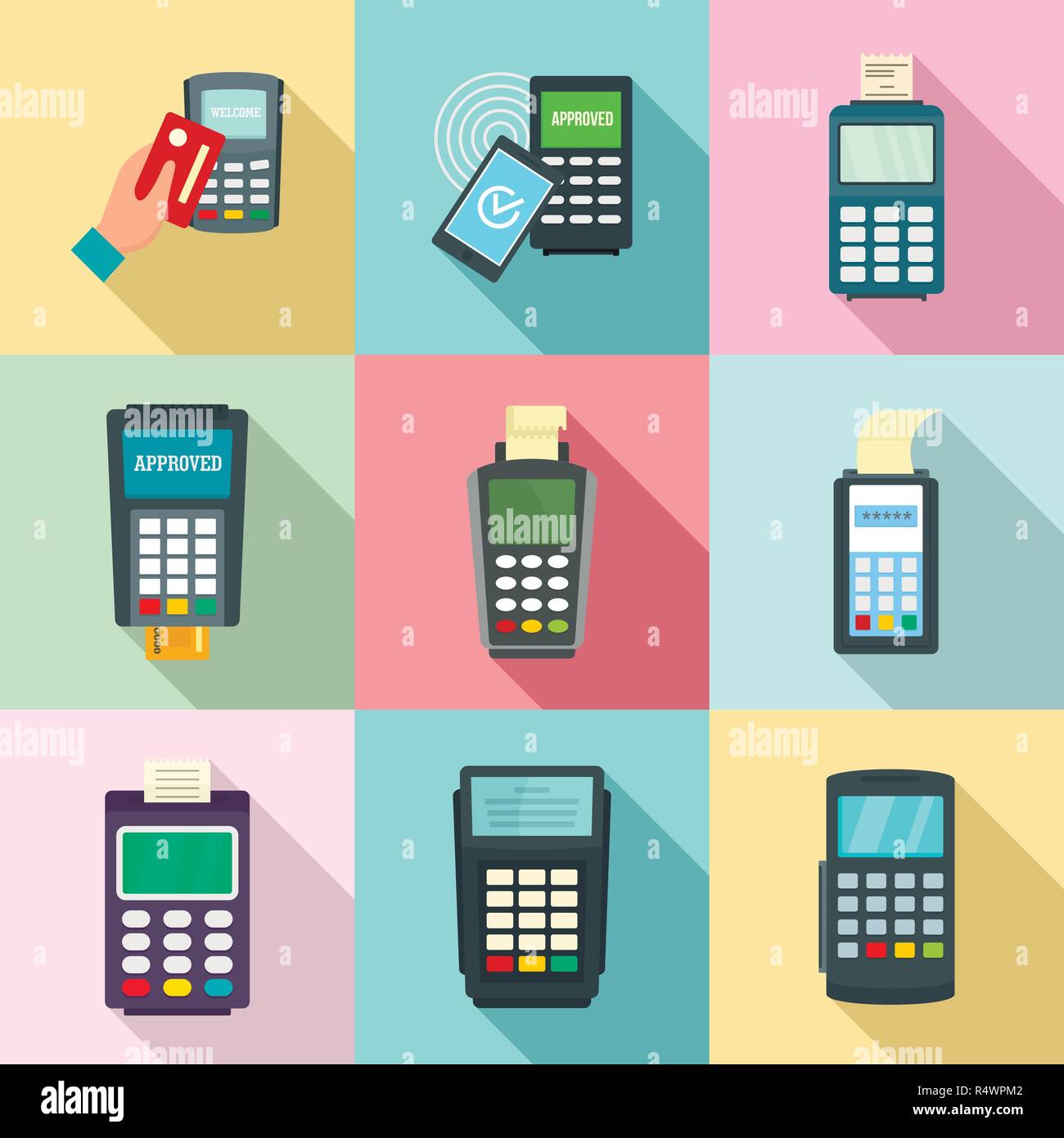 Bank terminal card credit machine icons set. Flat illustration of 9 ...