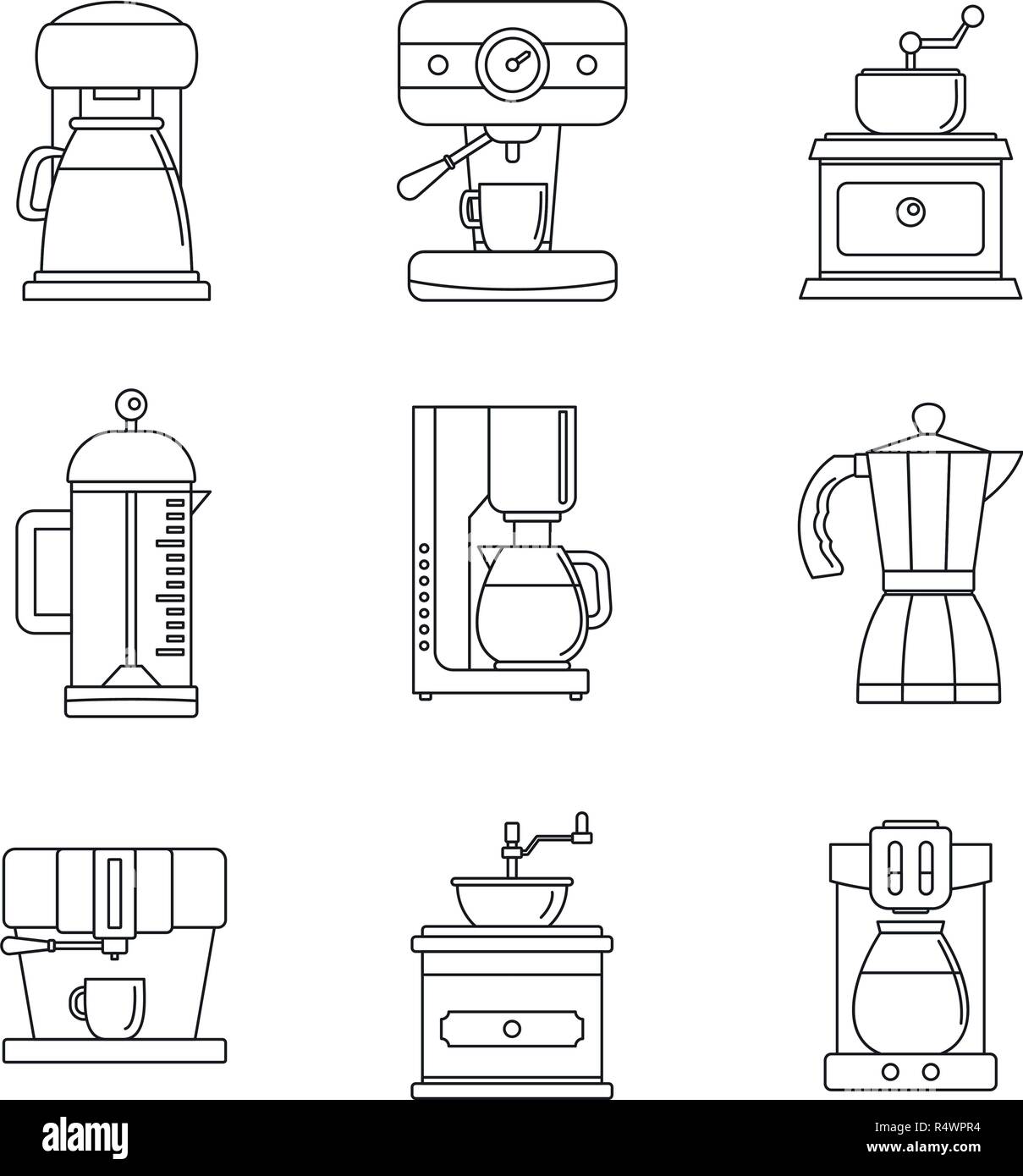 Coffee maker pot espresso cafe icons set. Outline illustration of 9 ...