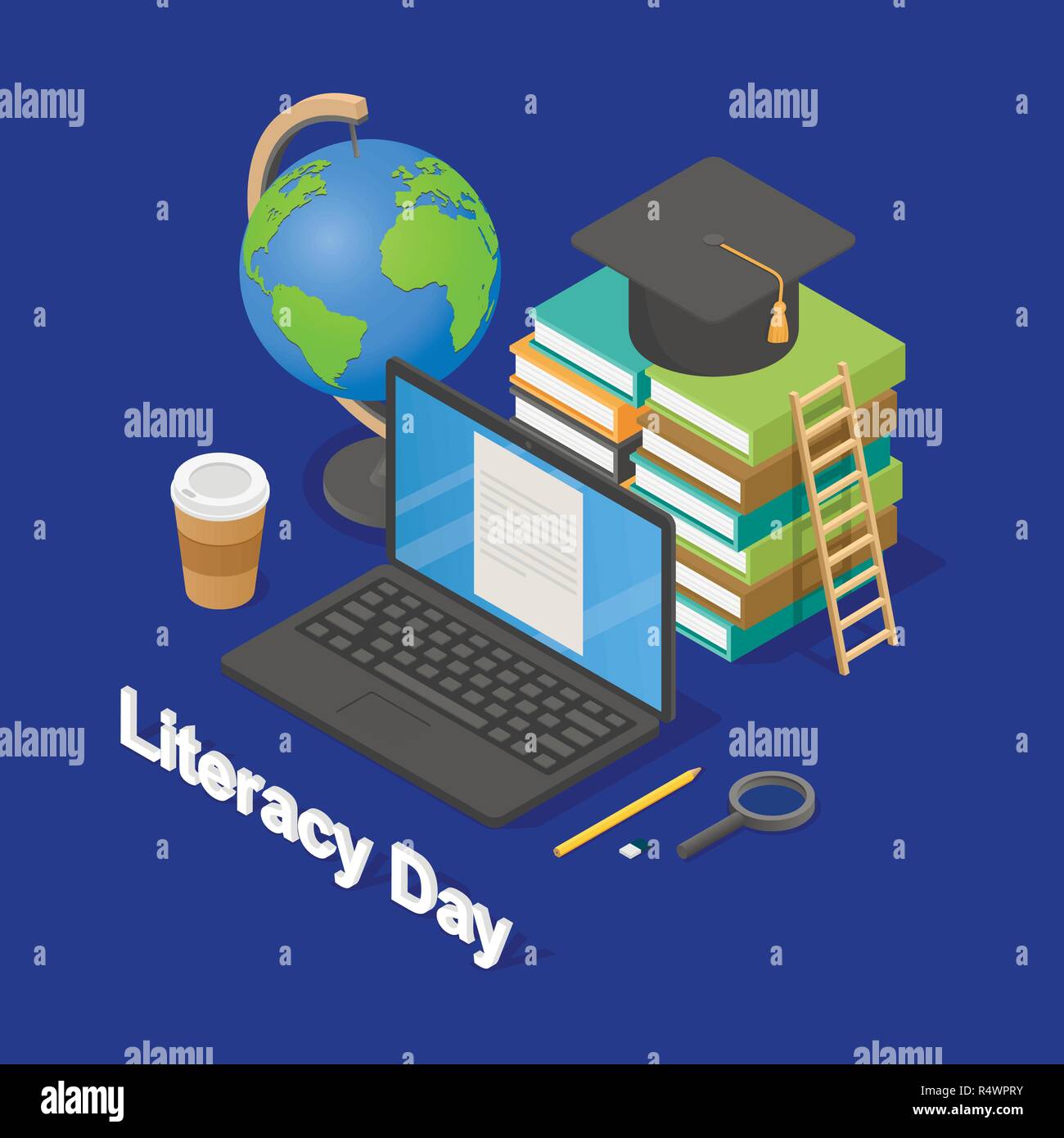 Literacy Day book international library banner concept. Isometric ...