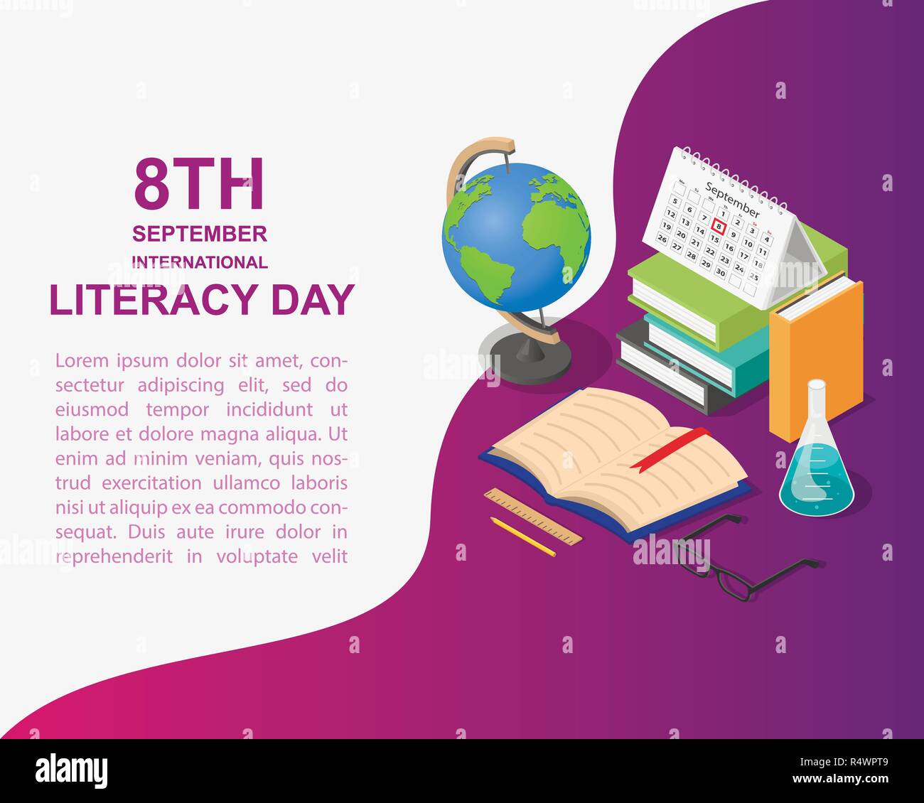 Literacy Day book science library banner concept. Isometric ...