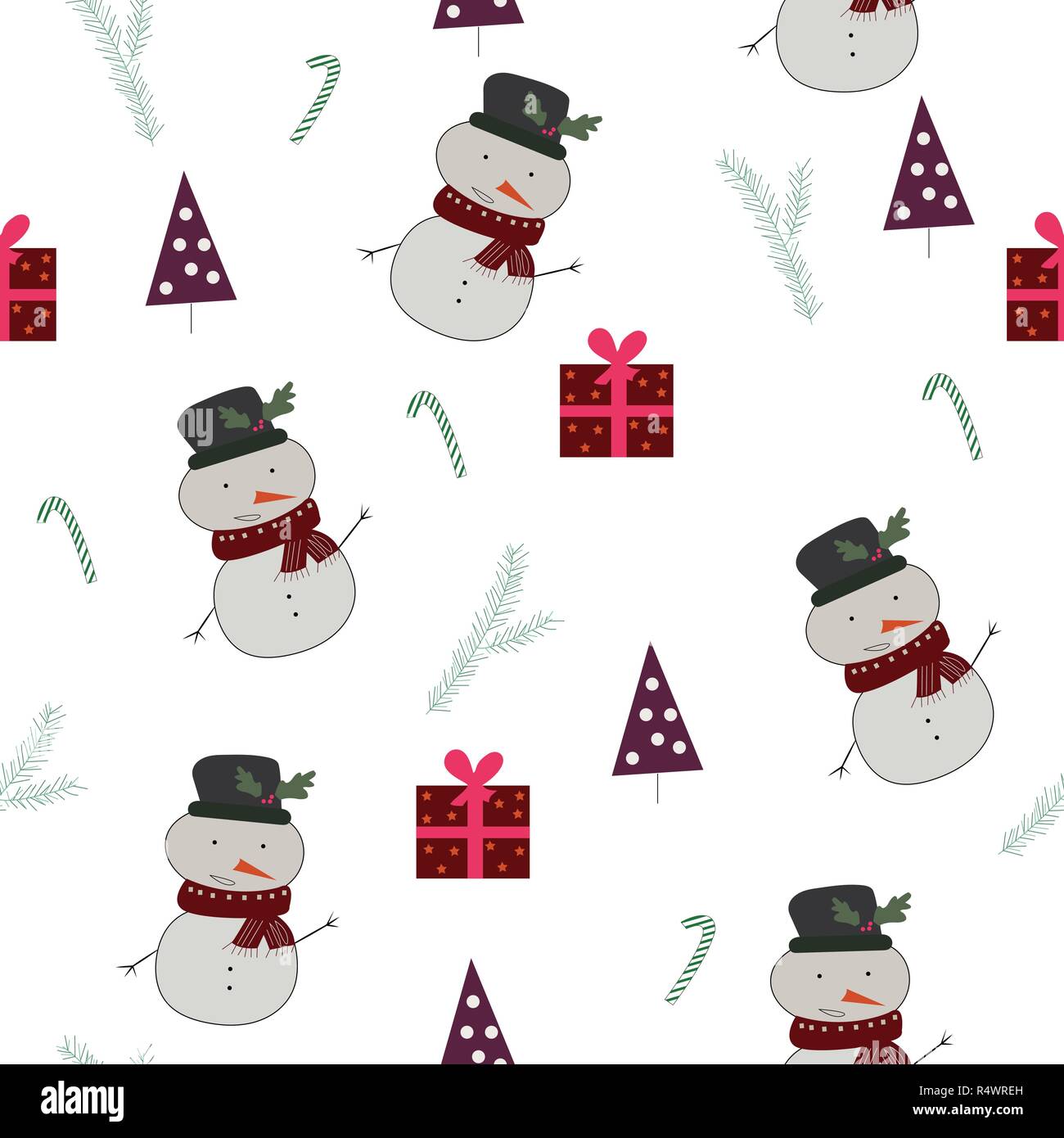 Festive Seamless pattern with snownan, christmas trees, presents on the ...
