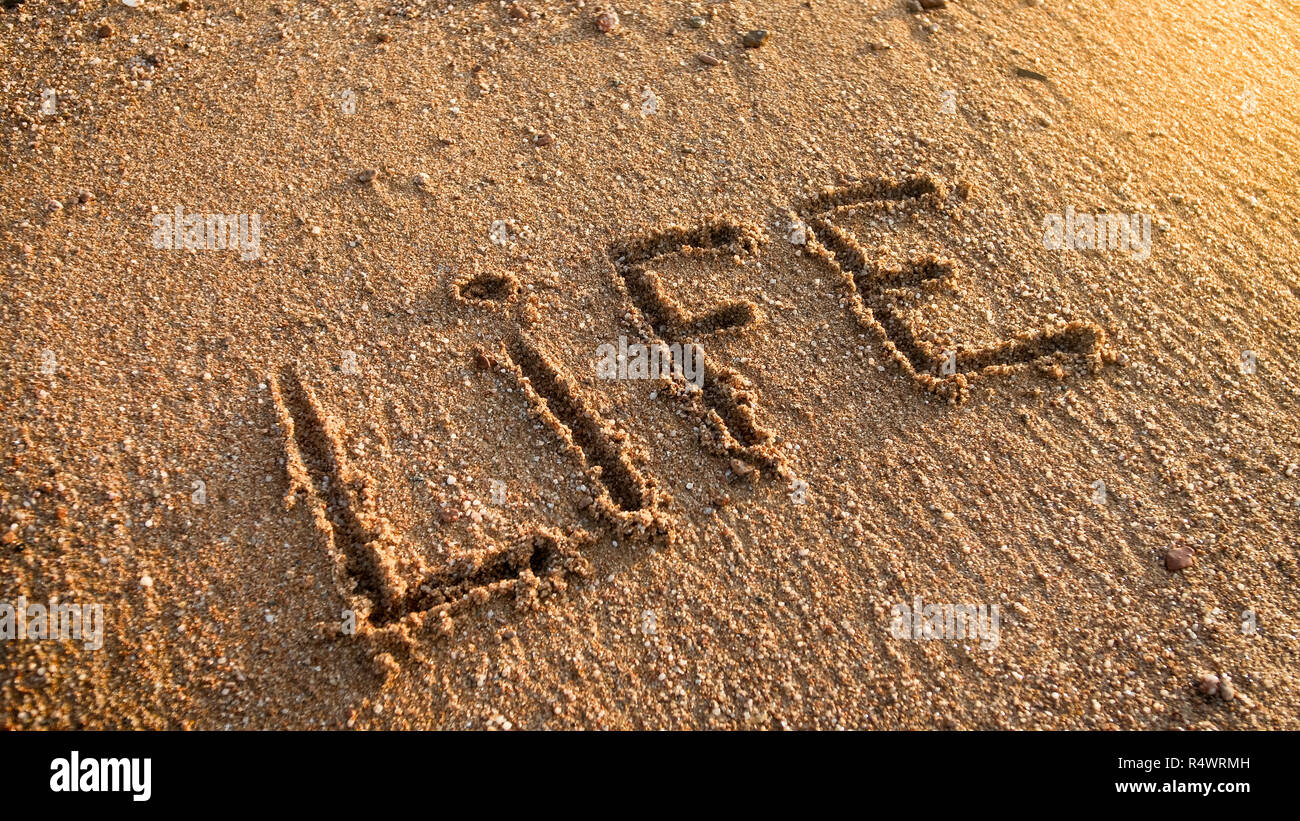 Closeup image of word life inscripted on the sandy beach Stock Photo ...