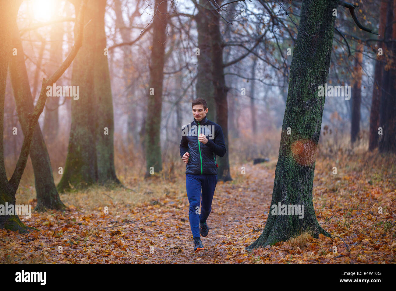Young man jogging in autumn park in the morning. Runner on trail ...