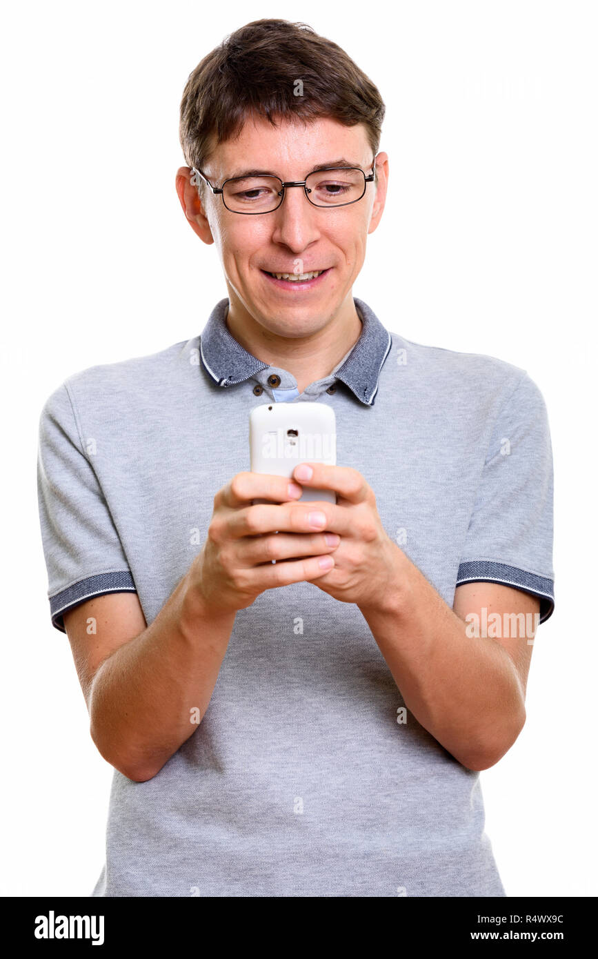 Nerd typing on cell phone hi-res stock photography and images - Alamy