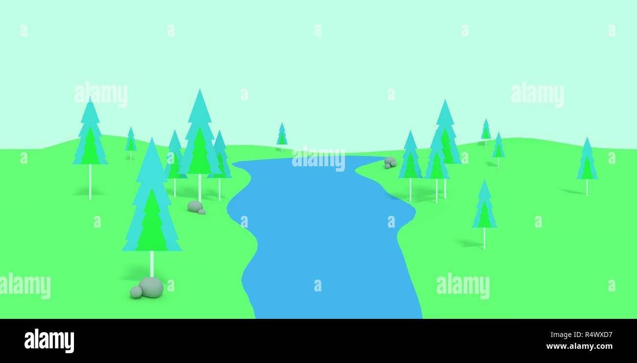view of greend land with the river, flat design style illustration ...