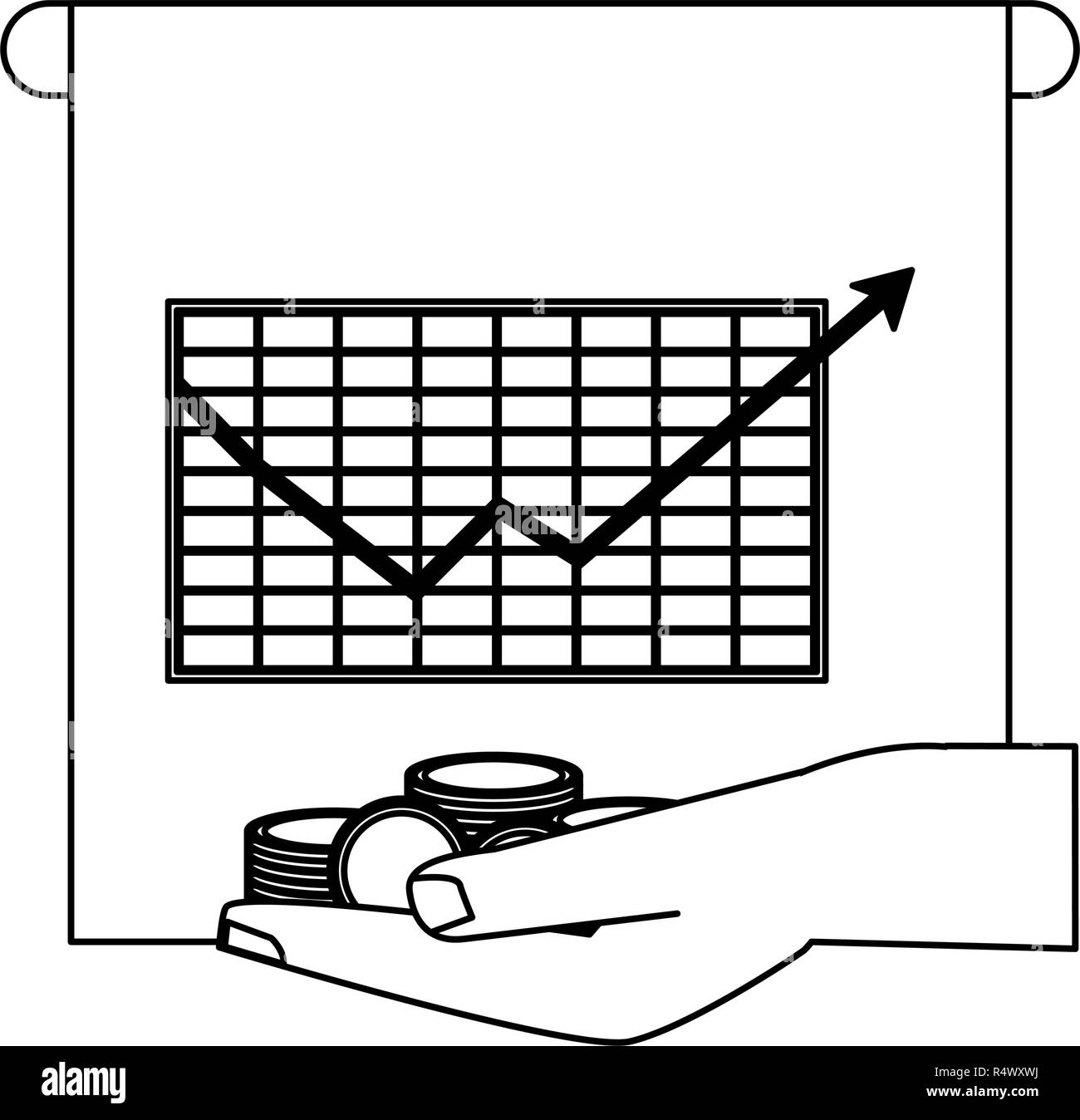 Business profit graph on whiteboard and hand with coins black and white ...