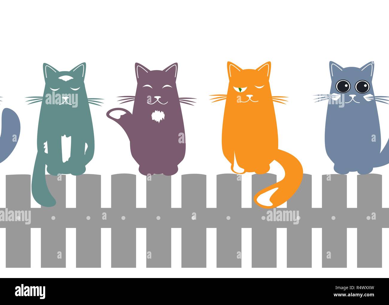 Cute seamless pattern background with cats seating on the fence. Vector ...