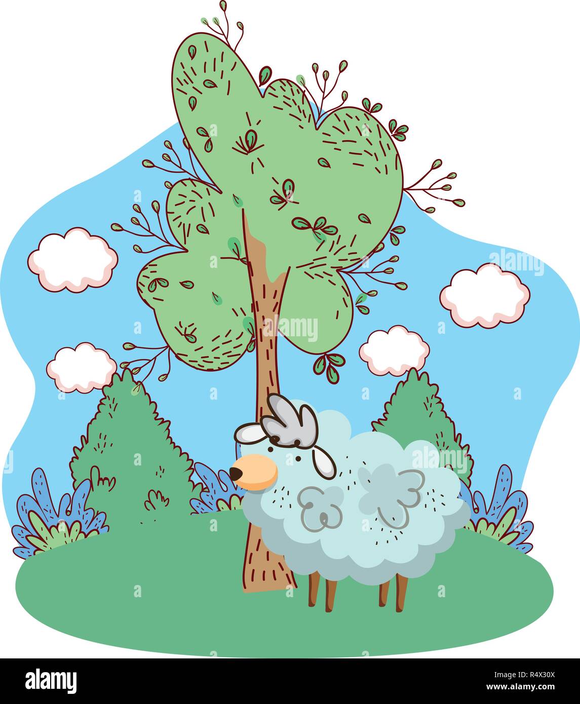 cute farm sheep with tree cartoon vector illustration graphic design ...