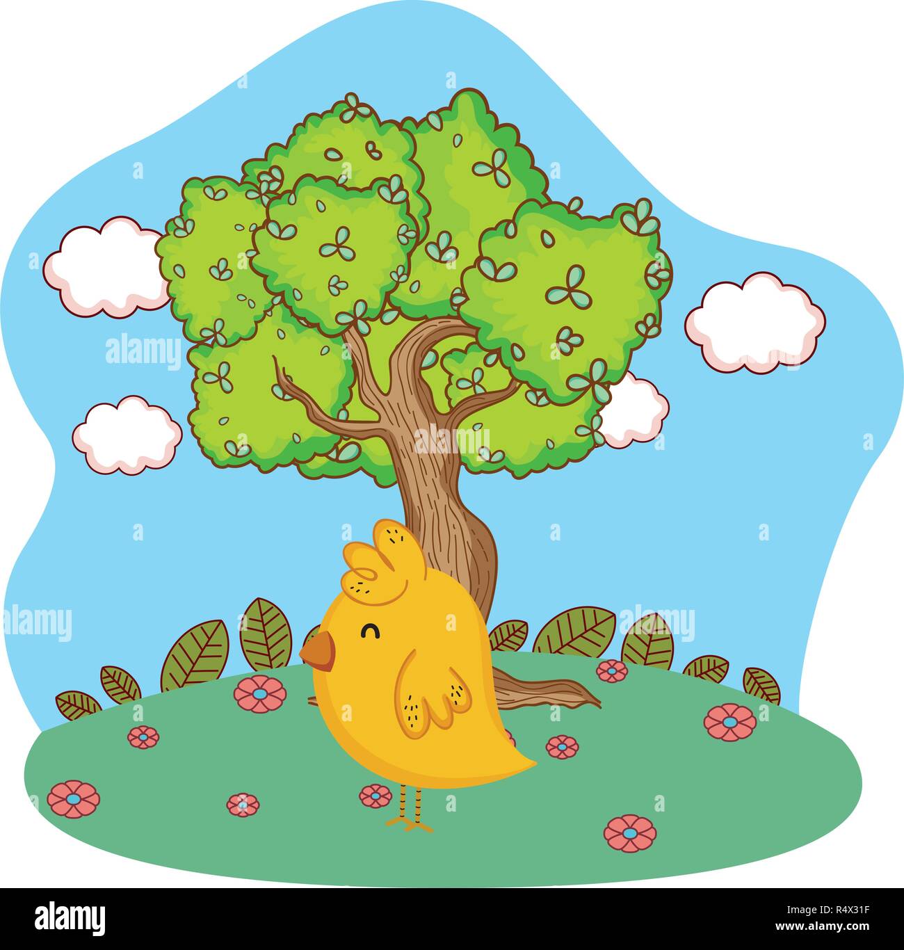cute farm little chick with tree cartoon vector illustration graphic ...