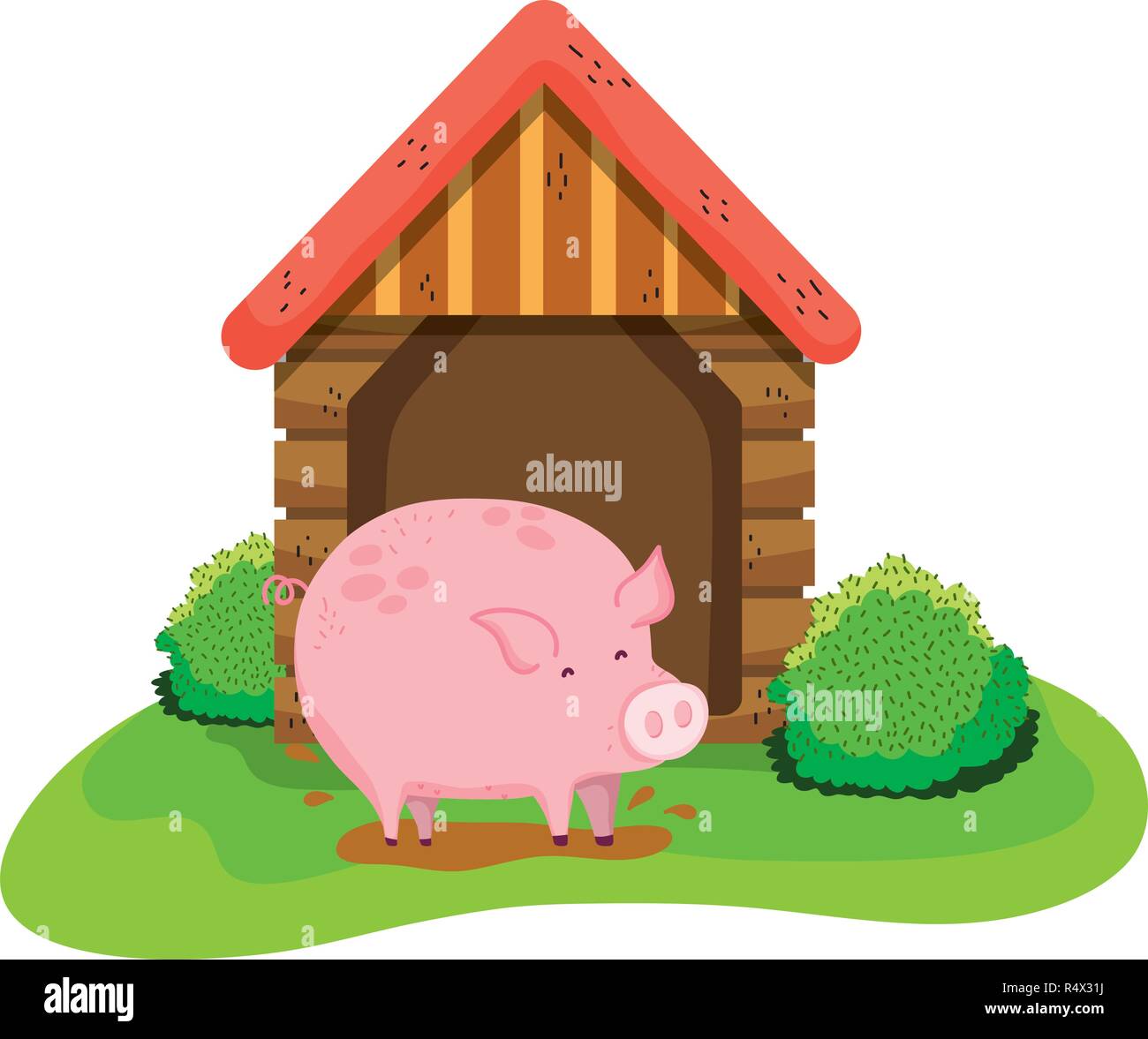 cute farm pig with wooden house cartoon vector illustration graphic ...
