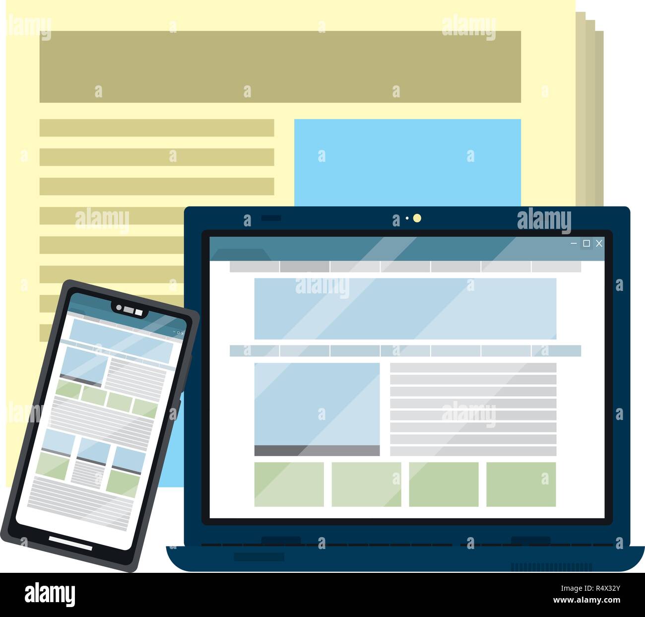 news journalist laptop with cellphone and newspaper cartoon vector ...