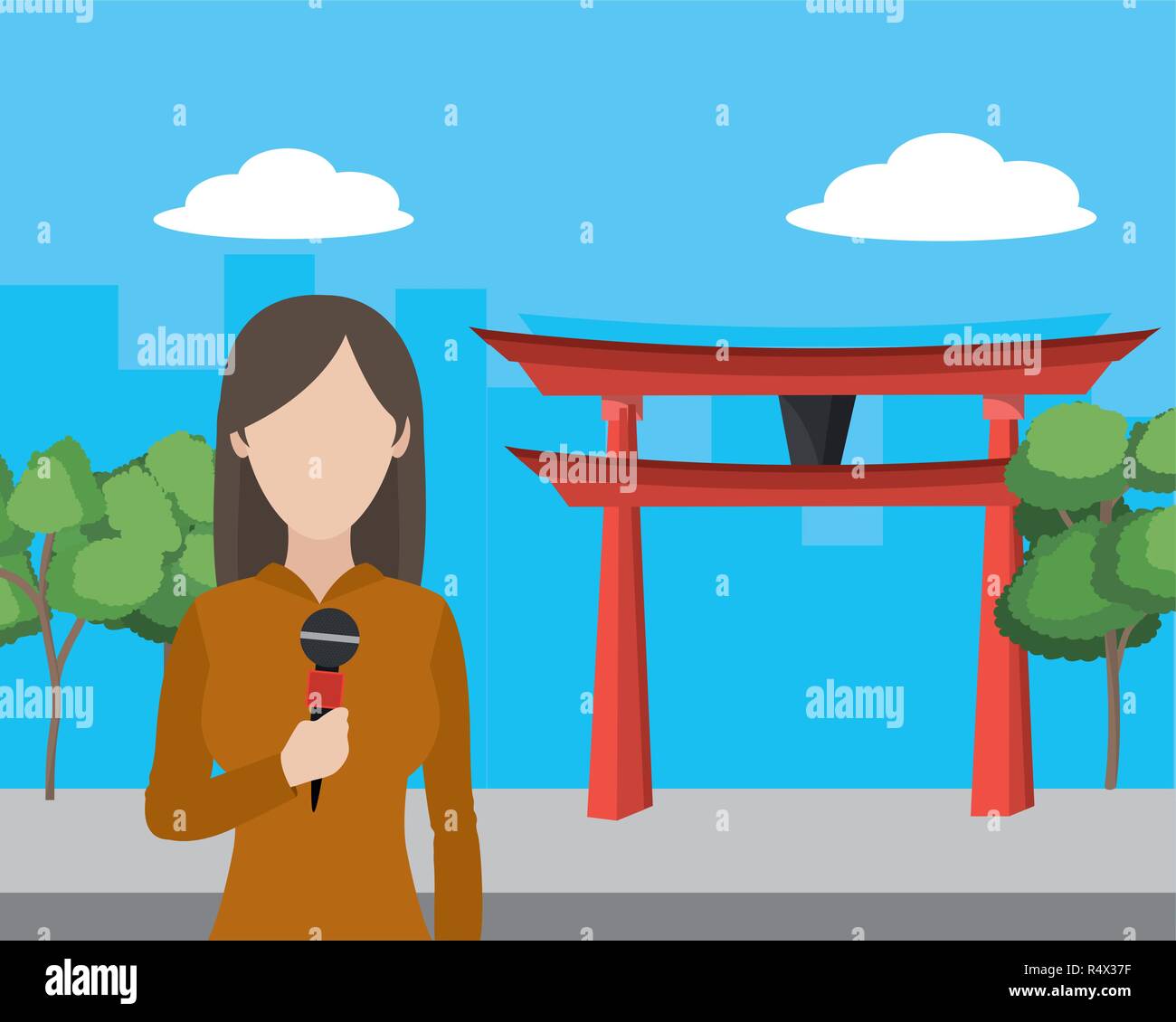 news journalist woman presenting from china tourist place cartoon ...