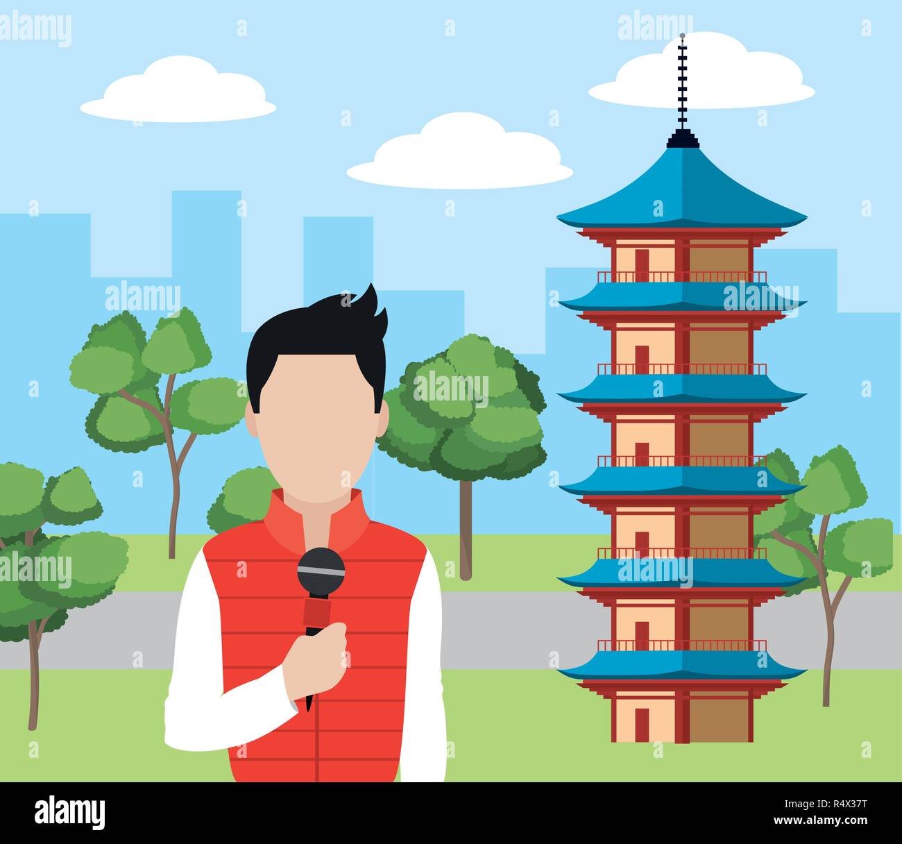 news journalist man presenting from china porcelain tower of nanjing ...