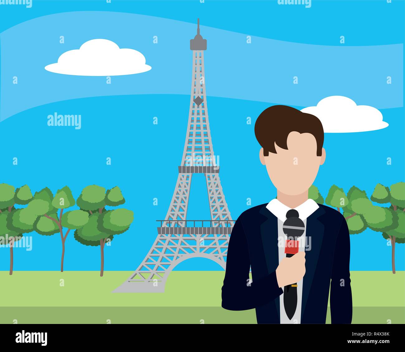 news journalist man presenting from eiffel tower cartoon vector ...