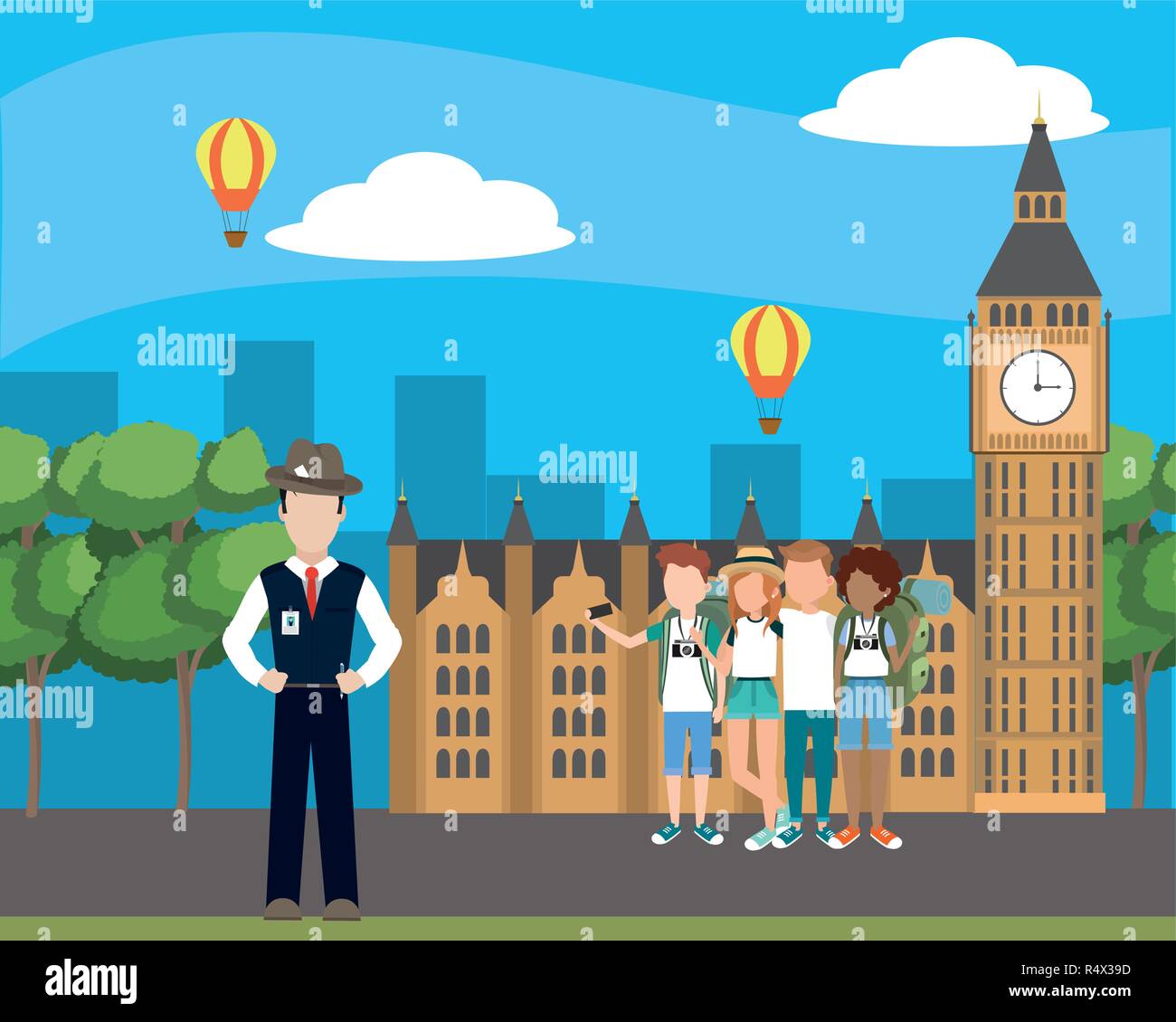 news journalist man presenting from england big ben with tourists young ...