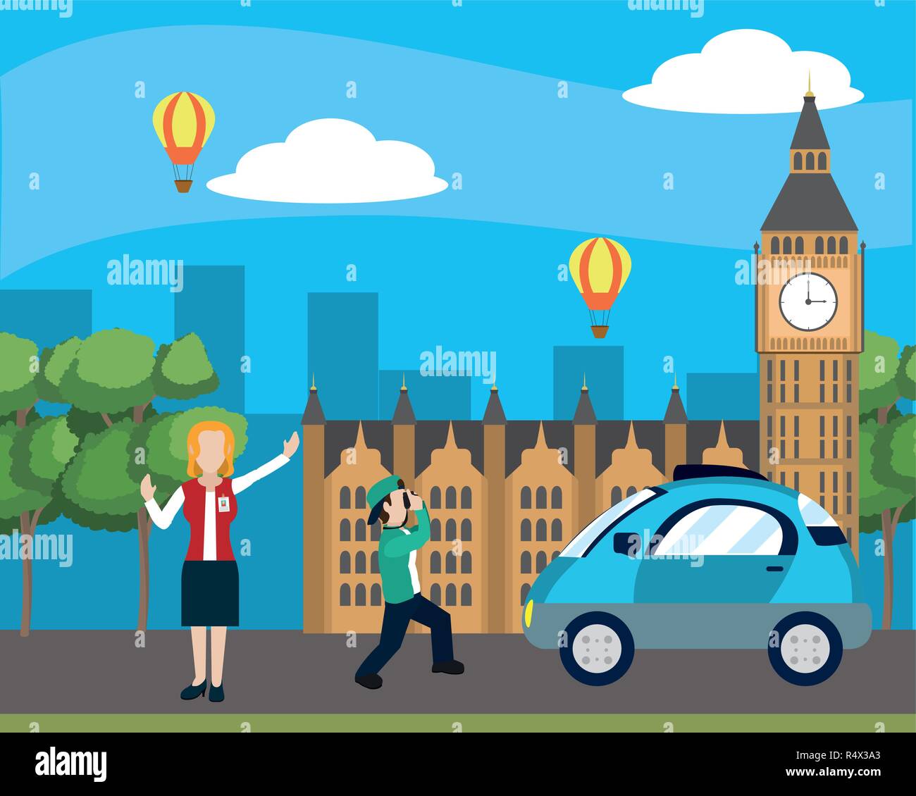 tourist guide woman with hot air balloons and camera man cartoon vector ...