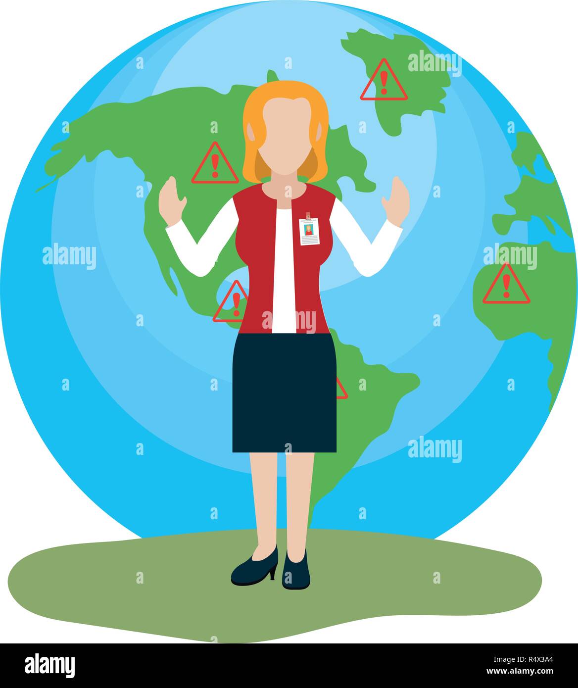 tourist guide woman in front world map cartoon vector illustration ...