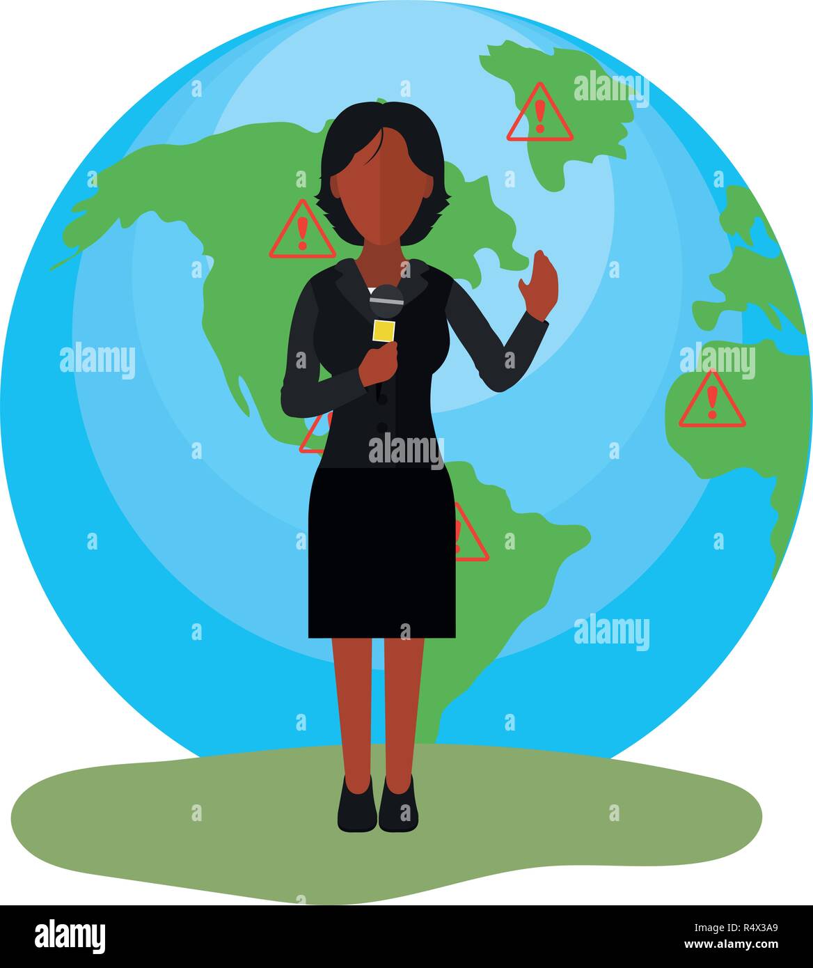 news journalist woman presenting in front word map tourits places ...