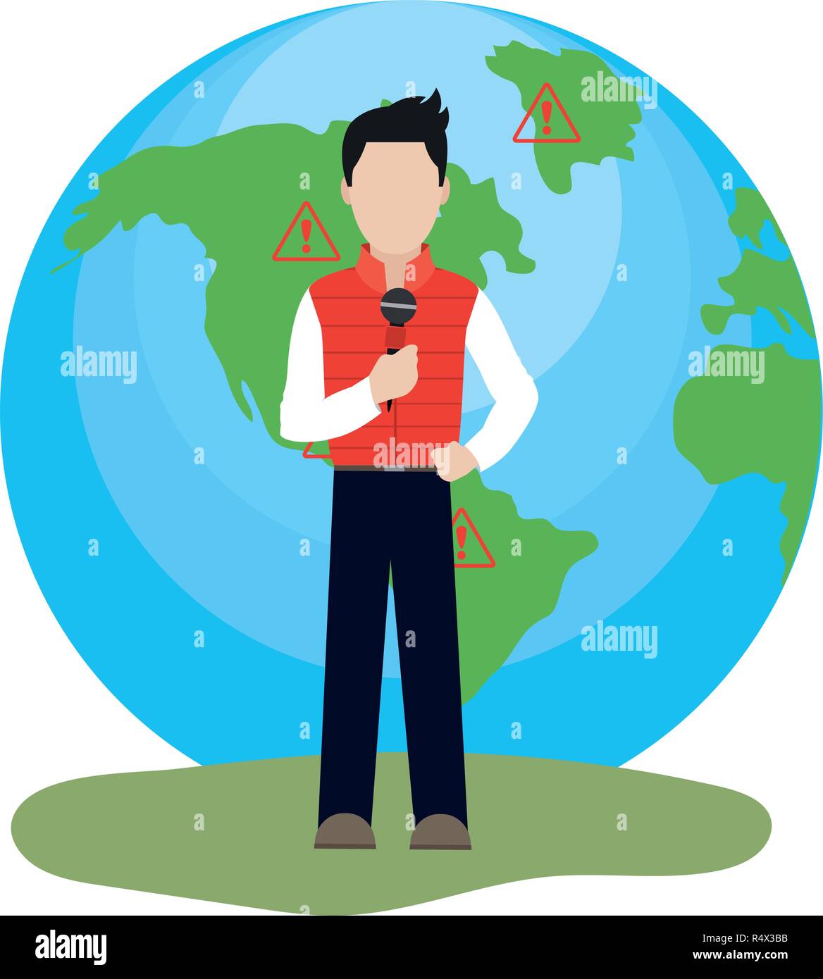news journalist man presenting in front world map tourists places ...