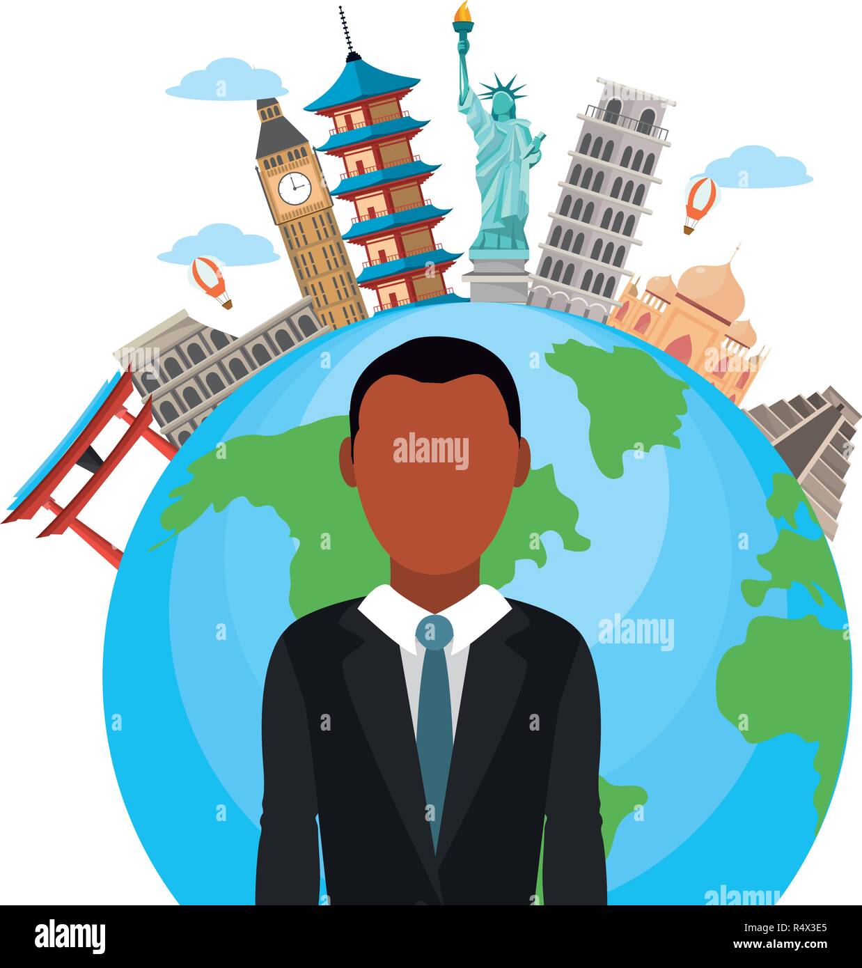 news journalist man presenting in front world map tourists places ...