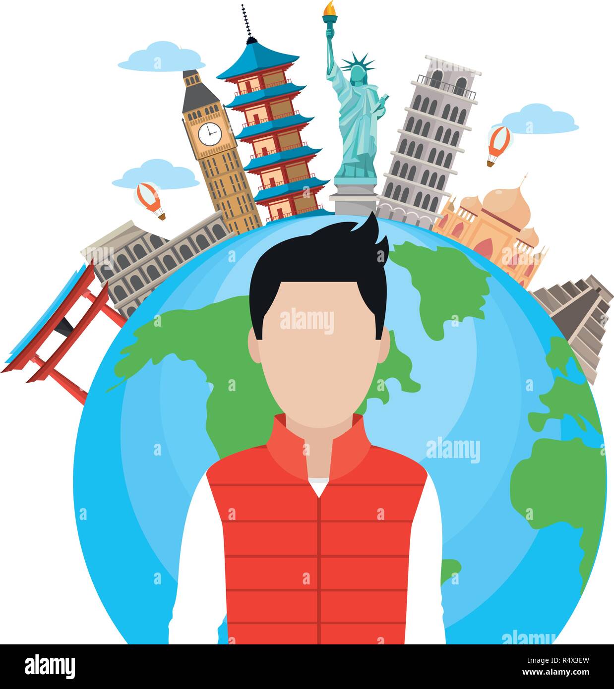 news journalist man presenting in front world map tourists places ...