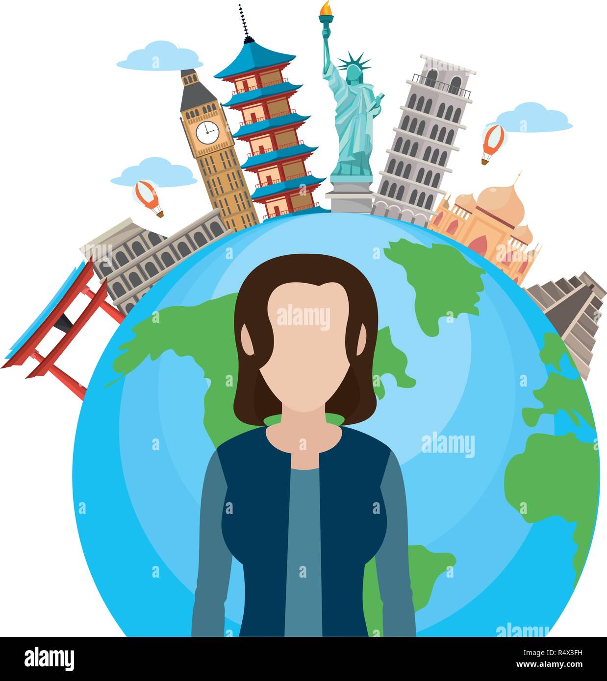 news journalist woman presenting in front world map tourists places ...