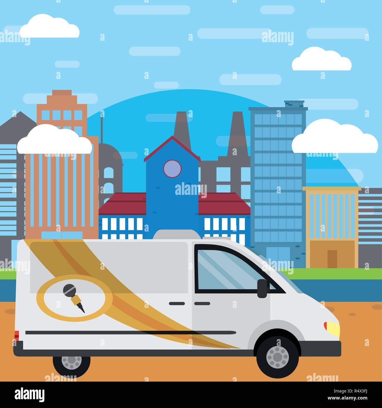 news journalist van in front city landscape cartoon vector illustration ...