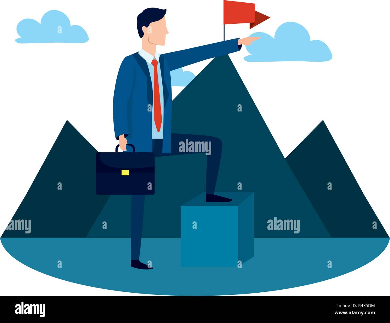 successful businessman avatar climbing mountain with podium cube and ...