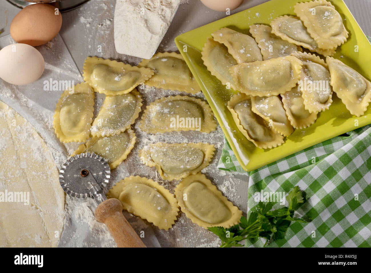 traditional italian ravioli filled with a cheese and spinach Stock ...