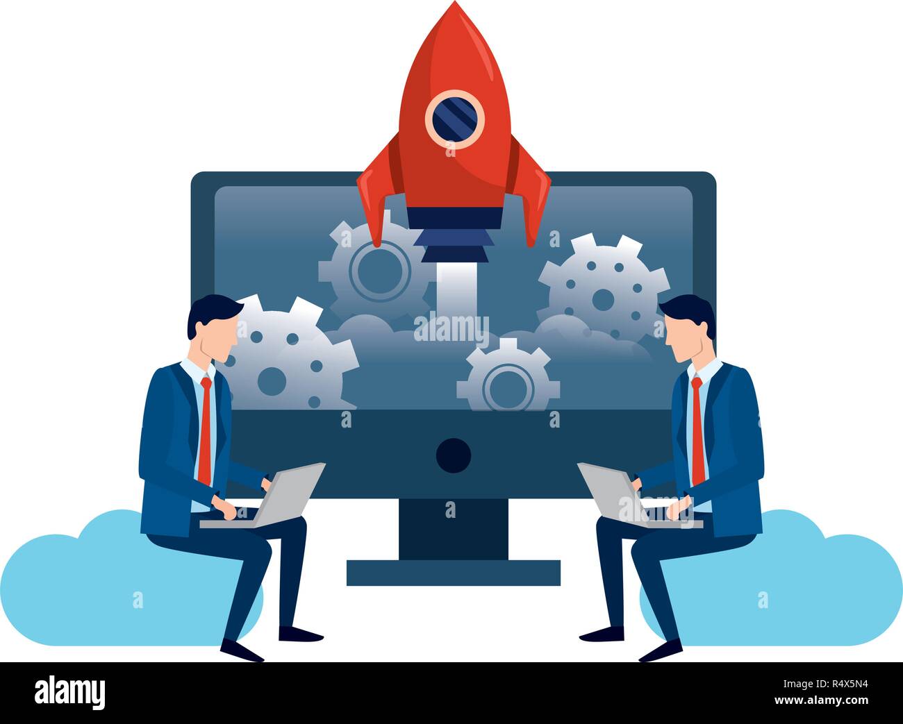 successful businessmen avatar with rocket taking off over support gears ...