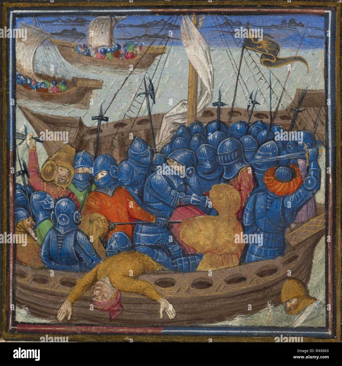 Miniature of a battle scene, decorated initial 'L'(istoire) including ...