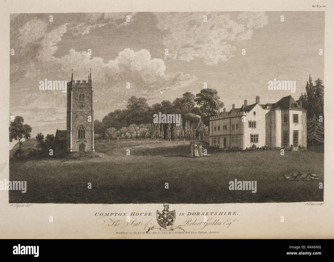Illustration of Compton House, a stately home in Dorset. Church and ...