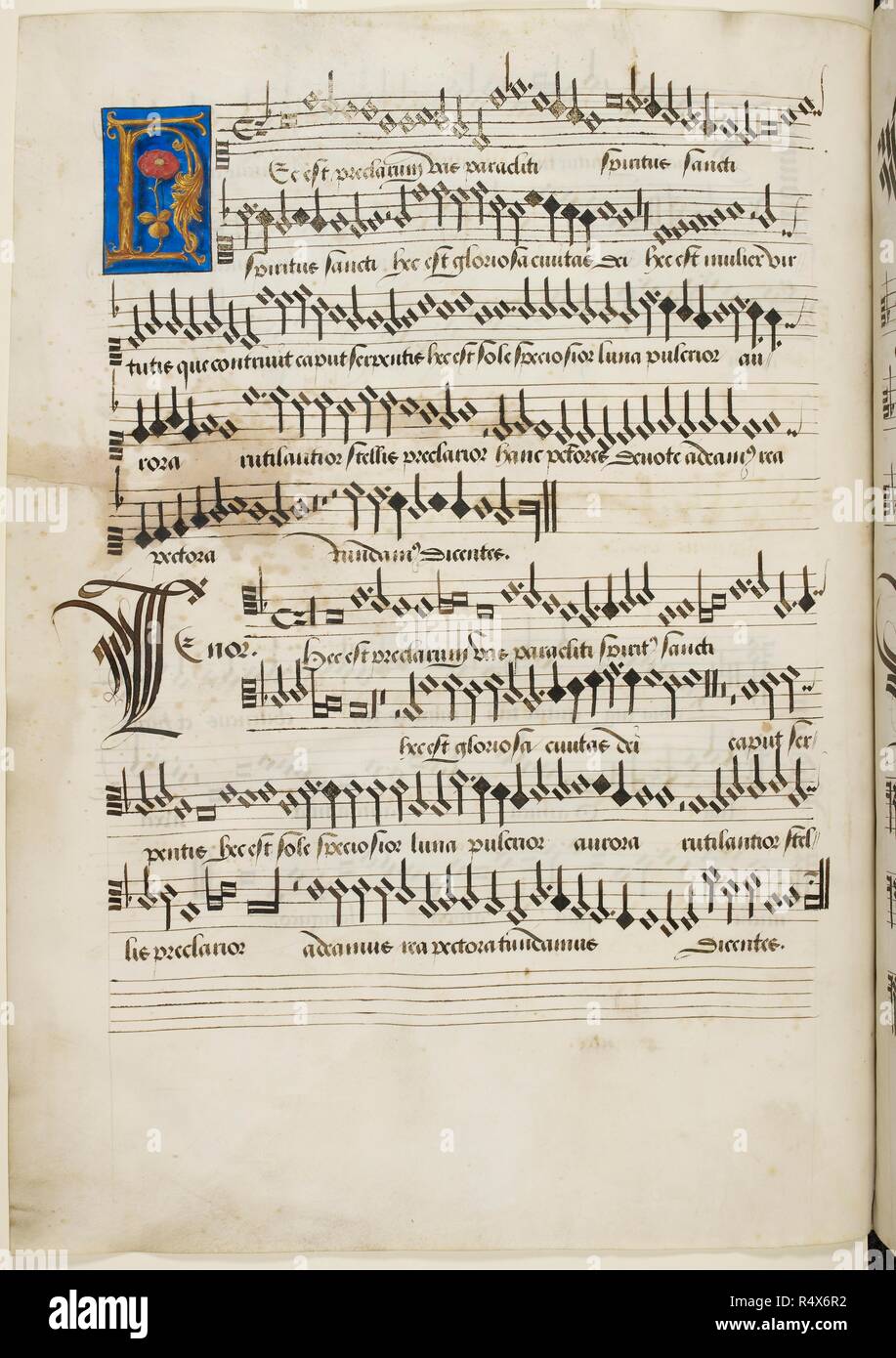 Sheet music for motets decorated, written music with decorated initials ...