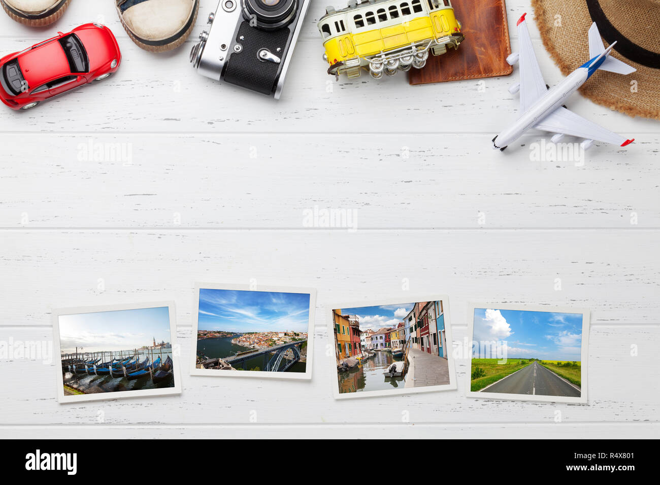 Travel vacation background concept with hat, camera, passport, car ...