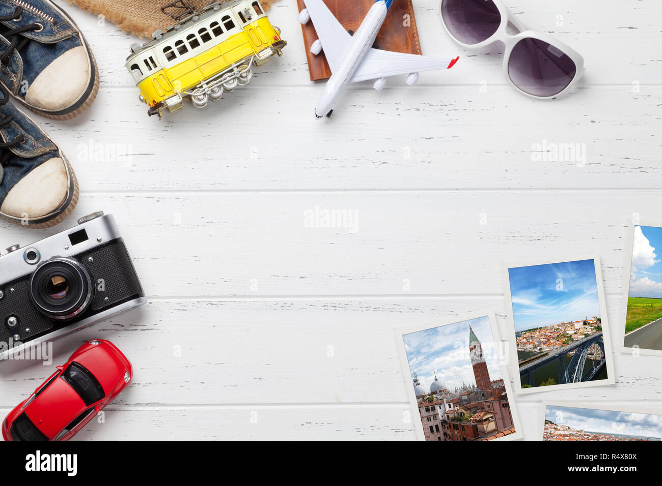 Travel vacation background concept with hat, camera, passport, car ...