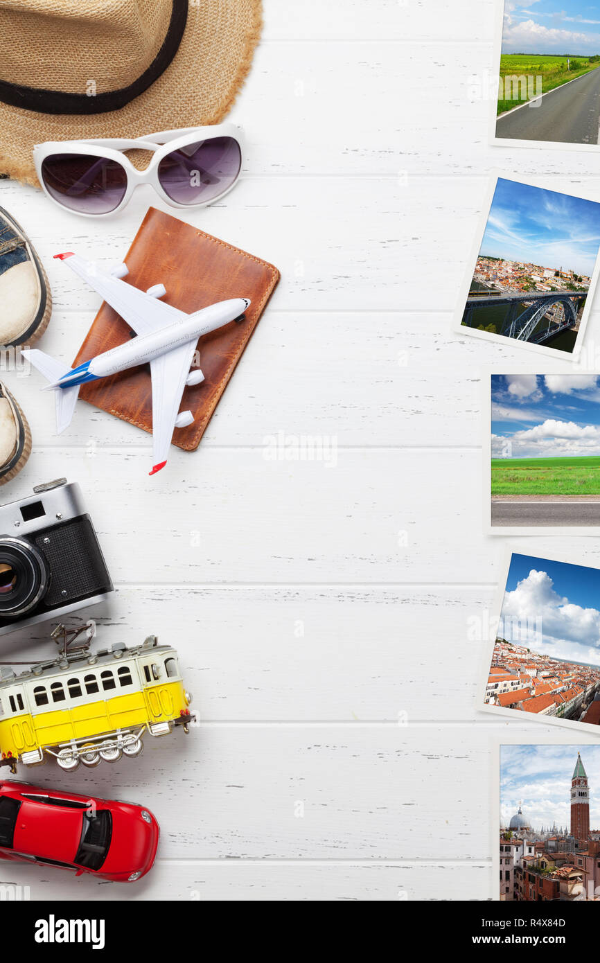 Travel vacation background concept with hat, camera, passport, car ...