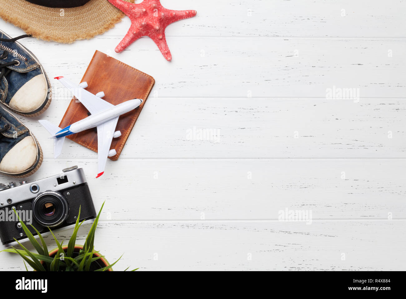 Travel vacation background concept with hat, camera, passport and ...