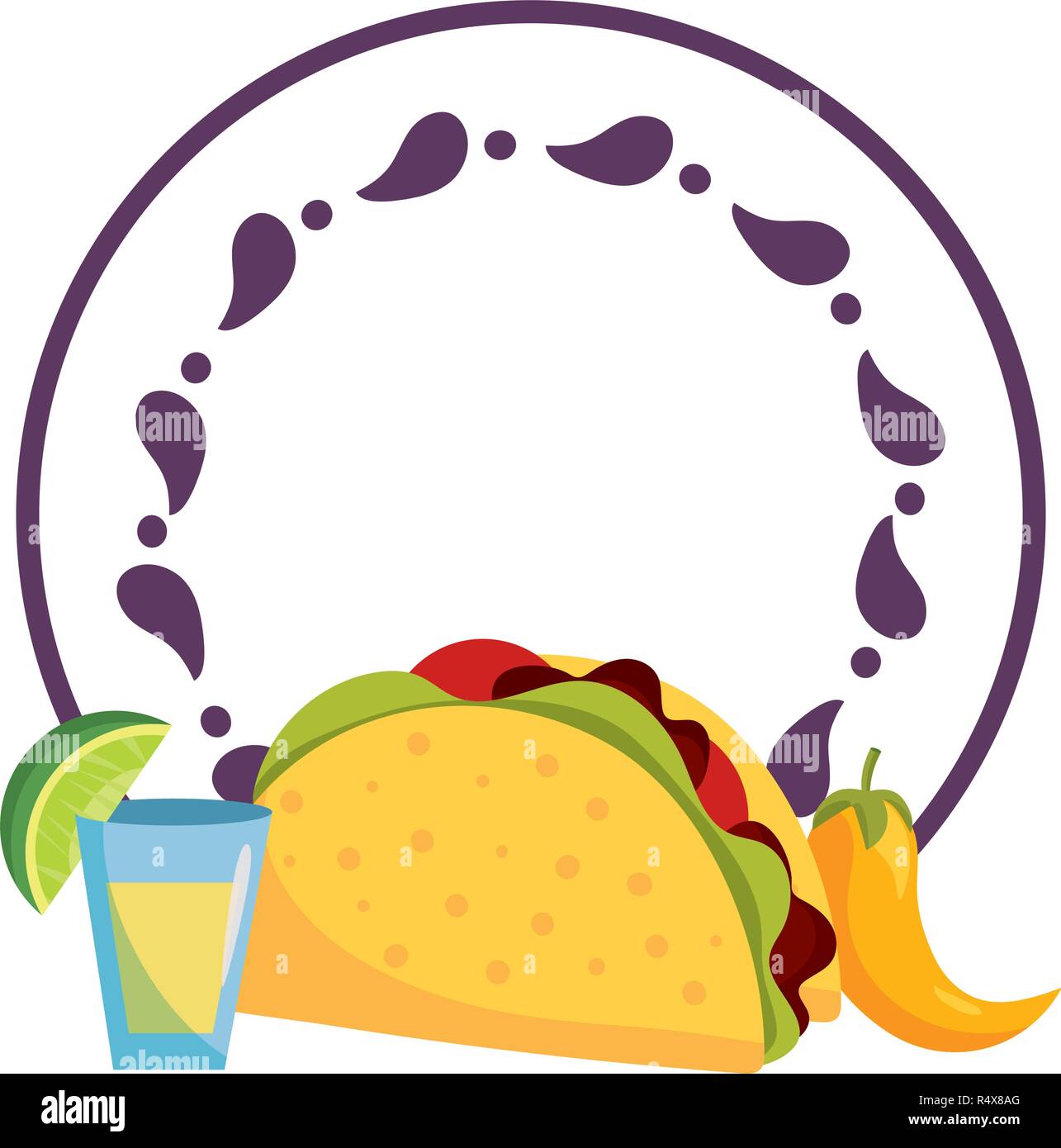 mexican food taco and chilli with tequila shot over round label emblem ...