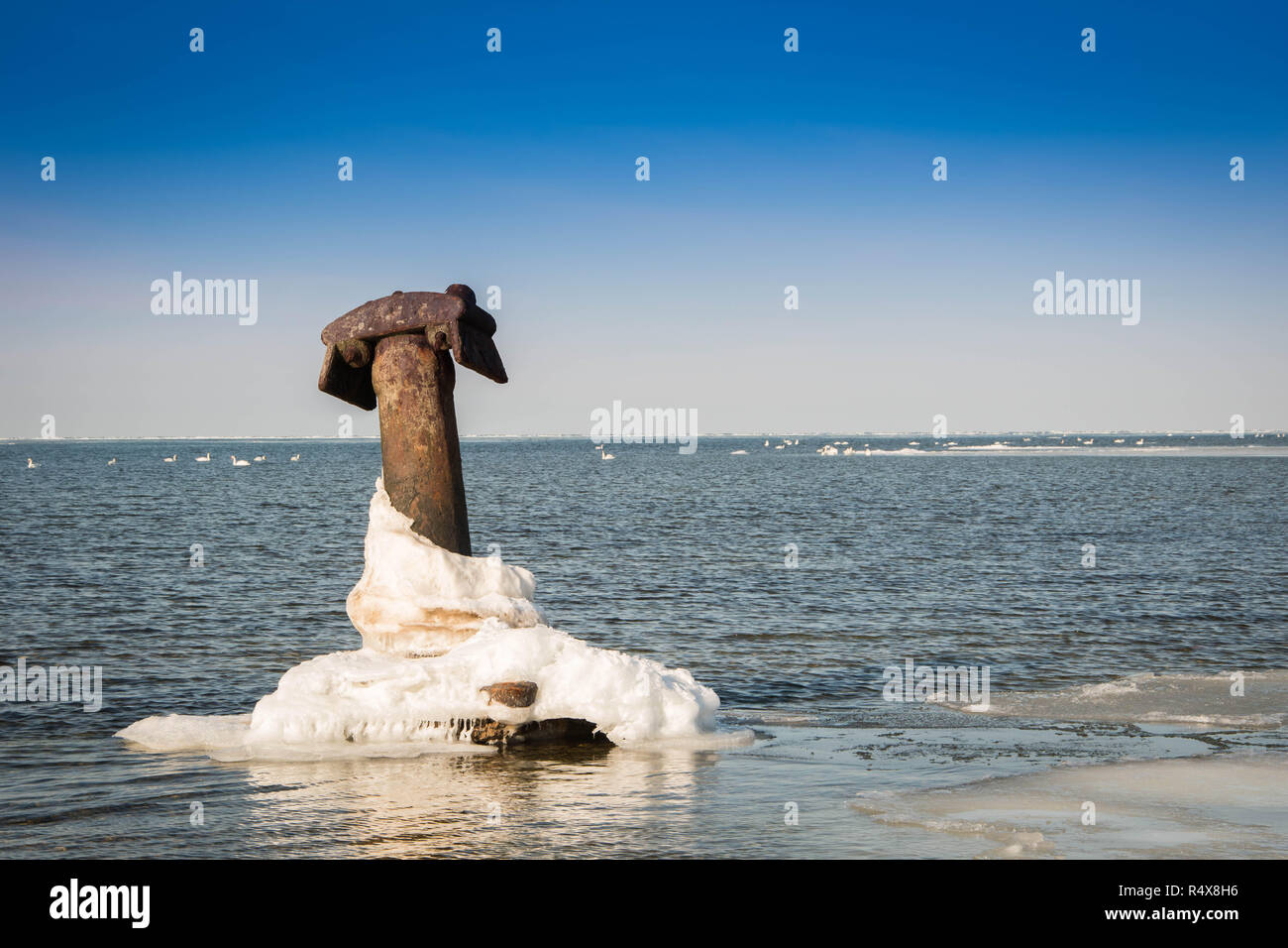 Big metal anchor frozen in the icy sea water Stock Photo - Alamy