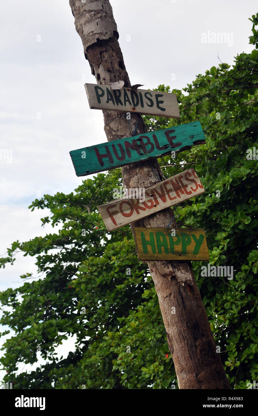 Signs on a Tree reading "Paradise, Humble, Forgiveness, Happy Stock ...
