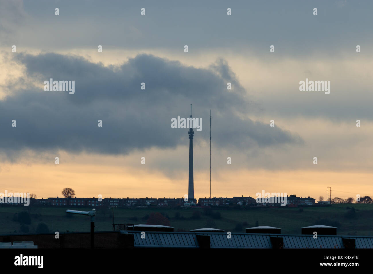 Emley Moor TV broadcast mast, and it's temporary replacement, as seen ...