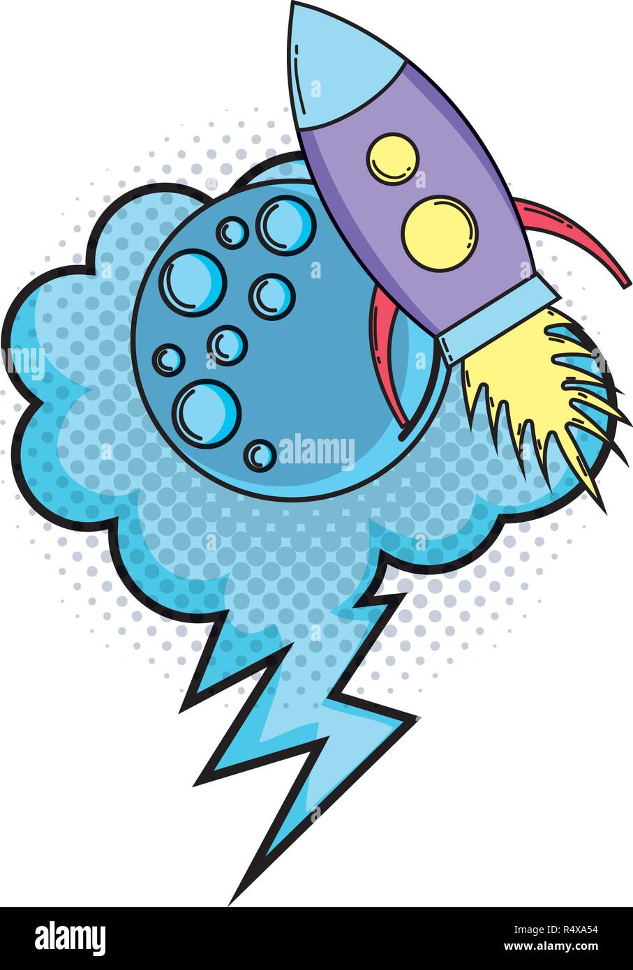 moon with speech bubble and rocket pop art vector illustration design ...