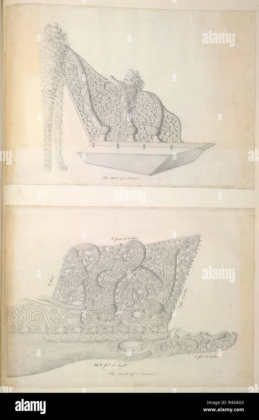 Heads of canoes, [Whole folio] Two drawings of elaborately carved heads ...