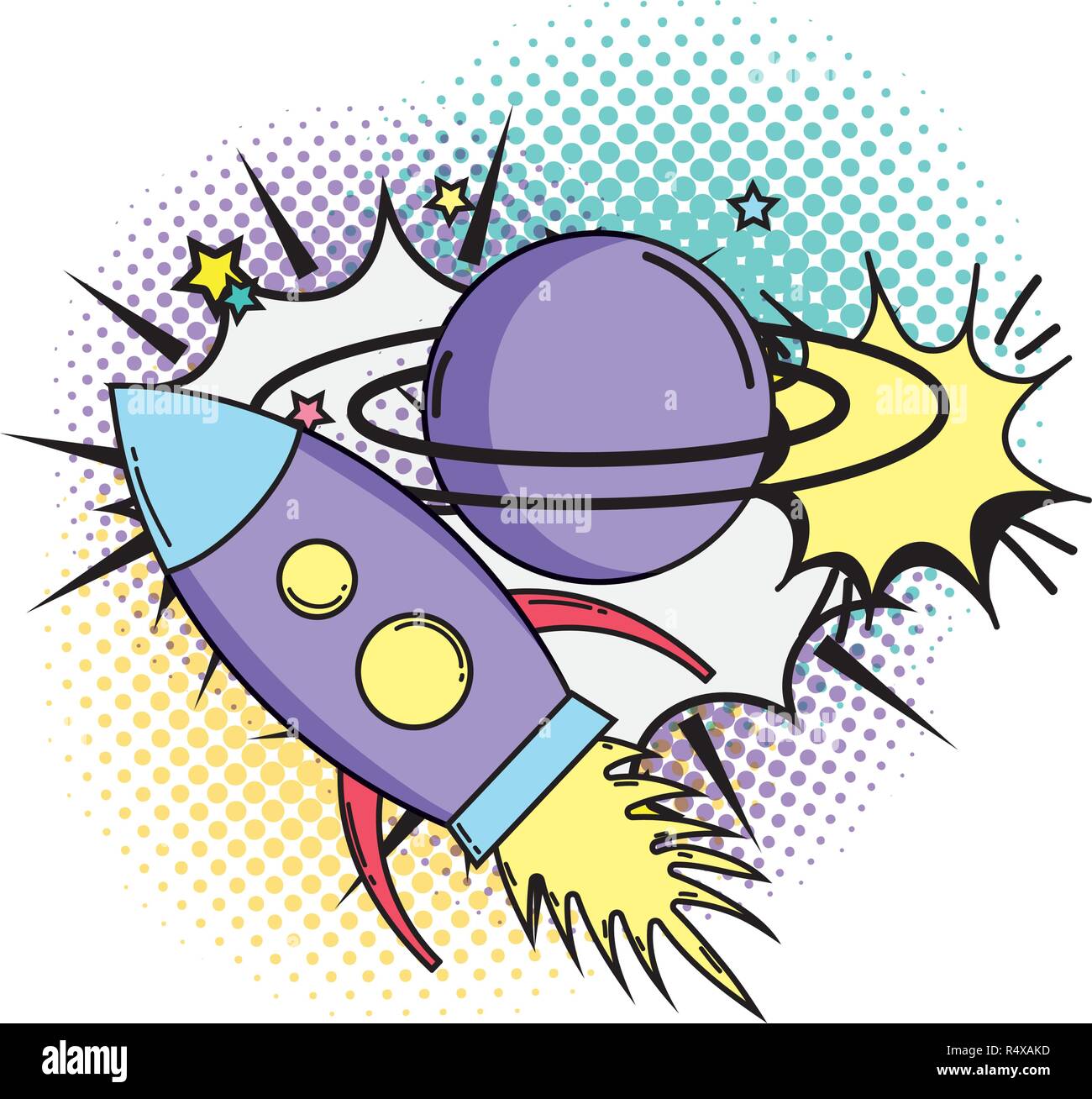 saturn planet with rocket pop art style vector illustration design ...