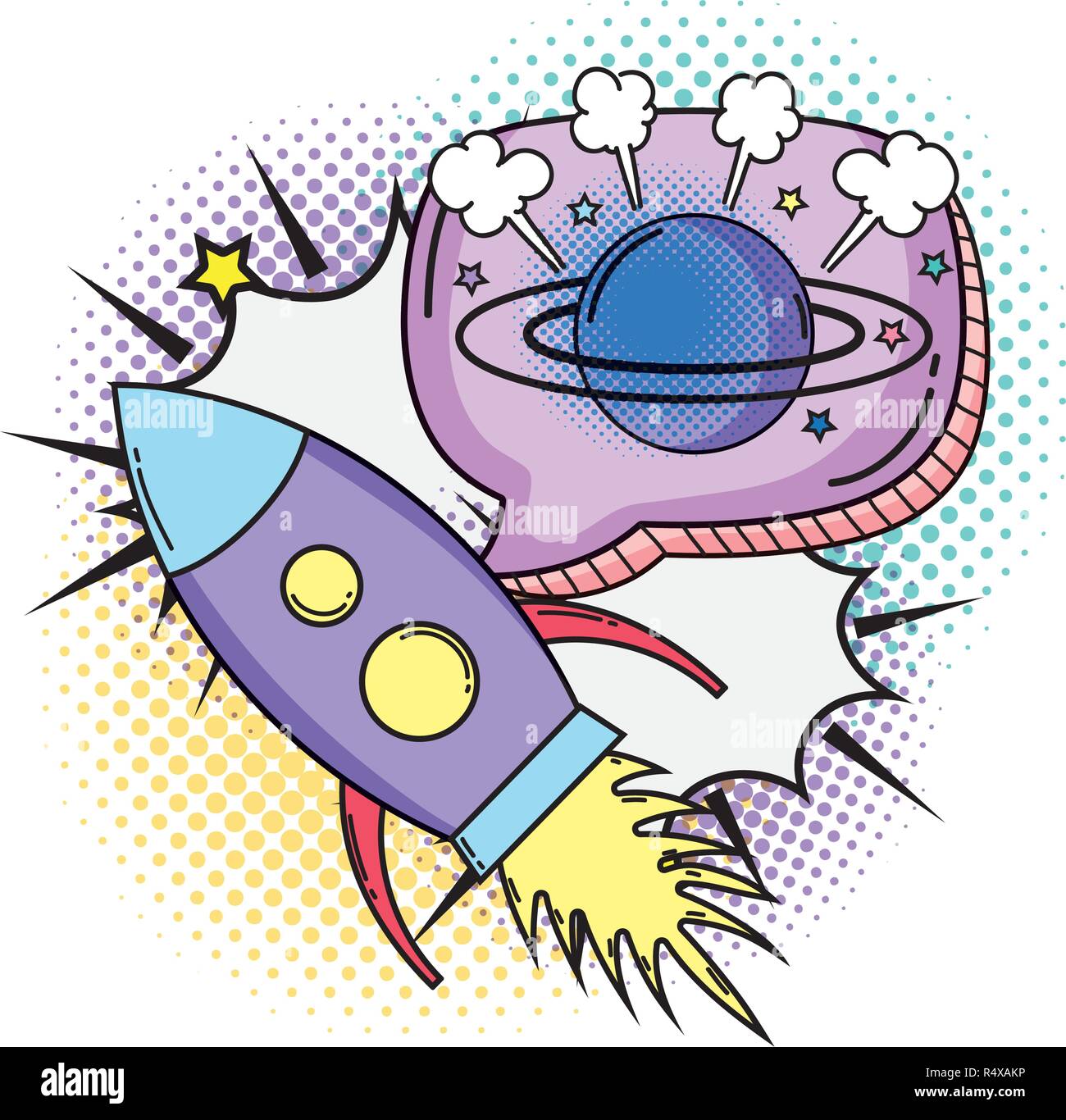 saturn planet with rocket pop art style vector illustration design ...